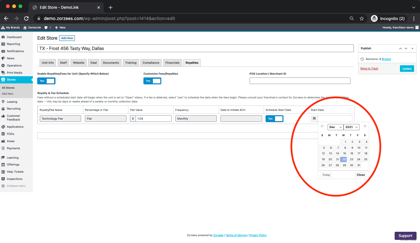 Manage the Start Date of Fees and Royalties - Zorzees Knowledge Base